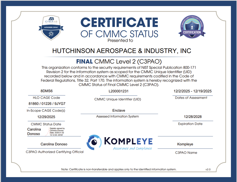 Hutchinson Achieves CMMC Level 2 Certification - HUTCHINSON